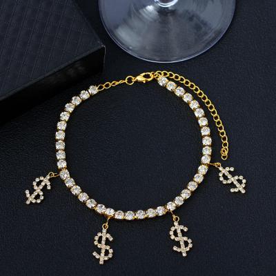 China Other Wholesale Flatfoosie Novelty Dollar Sign Anklet Dangle For Women Fashion Rhinestone Tennis Anklet CZ Chain Anklet Charms for sale